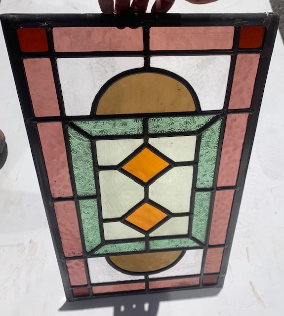 Detail of full colour Victorian style leadlight panels, dusky pink ...