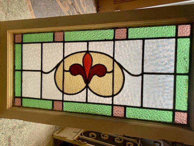Detail of leadlight hopper window from full entrance frame with cricket ...