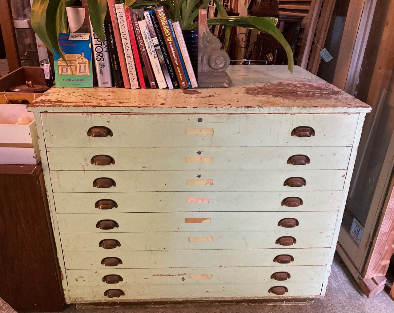 Rustic map drawers in original pale green paint, interior of nine ...