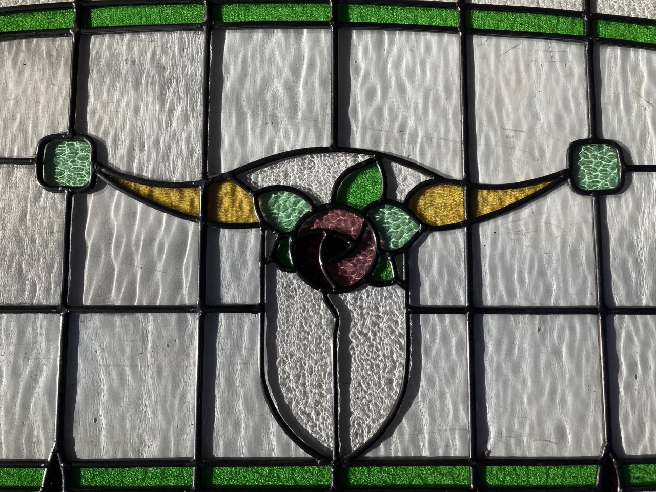 $375 Unusual original three piece leadlight panel set with green framed ...