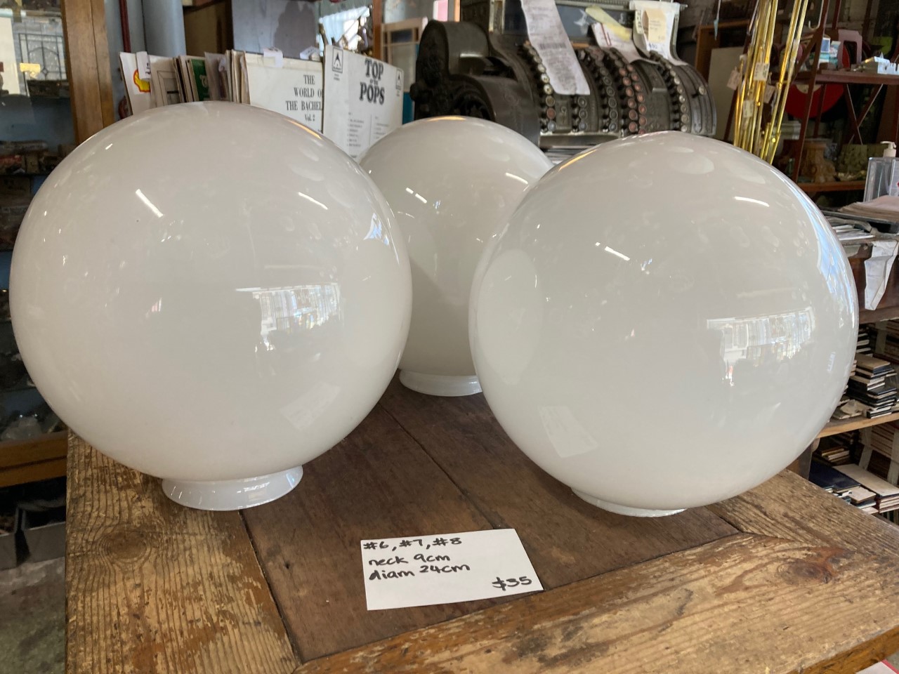 Classic white glass ball light shades, three available, neck 9cm & diam ...