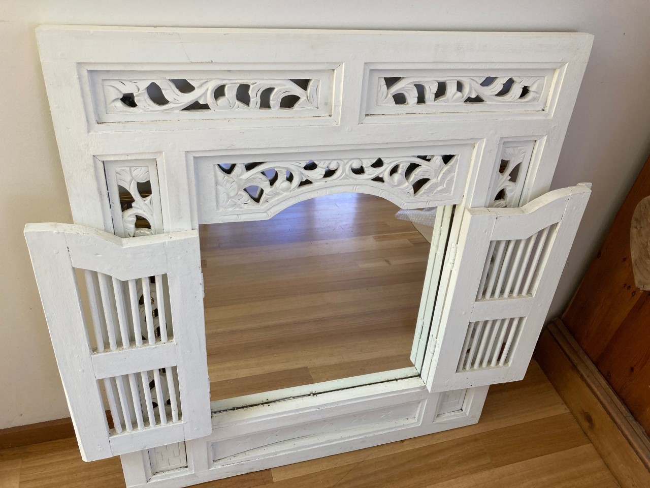 Balinese white wooden prison mirror, 80cm high x 90cm wide $100 ...