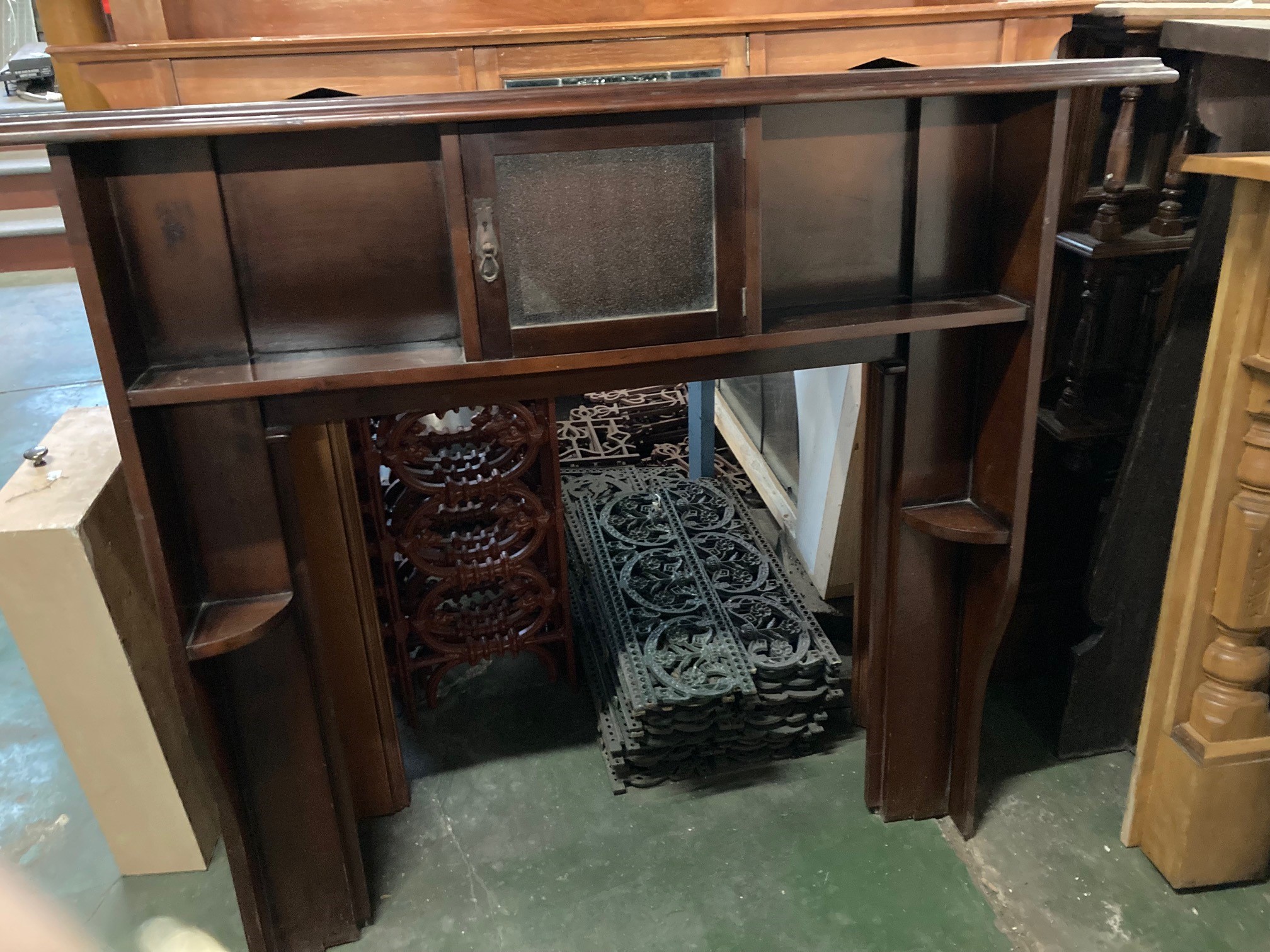Double shelf bungalow mantel with textured glass door, 1370mm H x ...