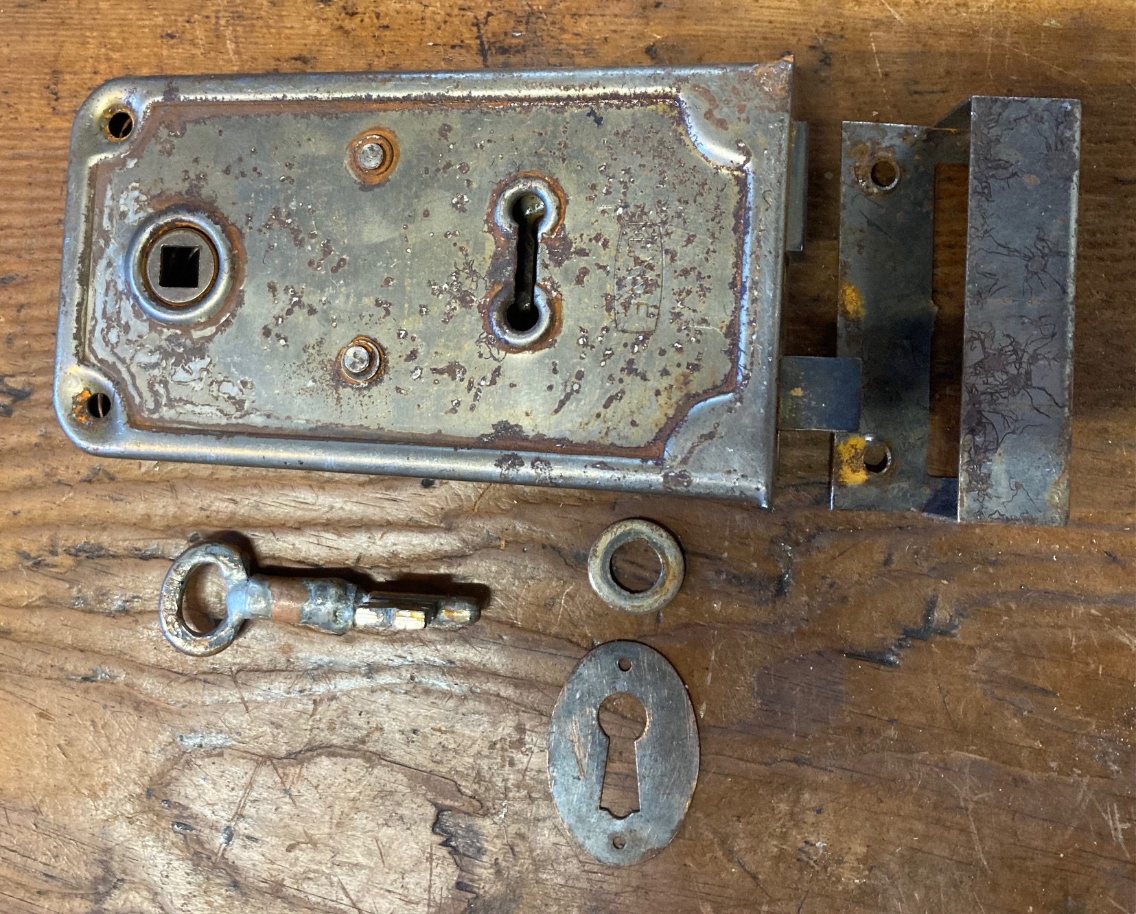 Old rim lock with keeper and original key, 13.5cm x 7cm (H77) $85 ...