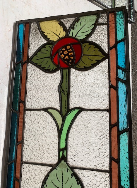 Detail of lower panel pair #2 of four leadlight panels in strong blue ...