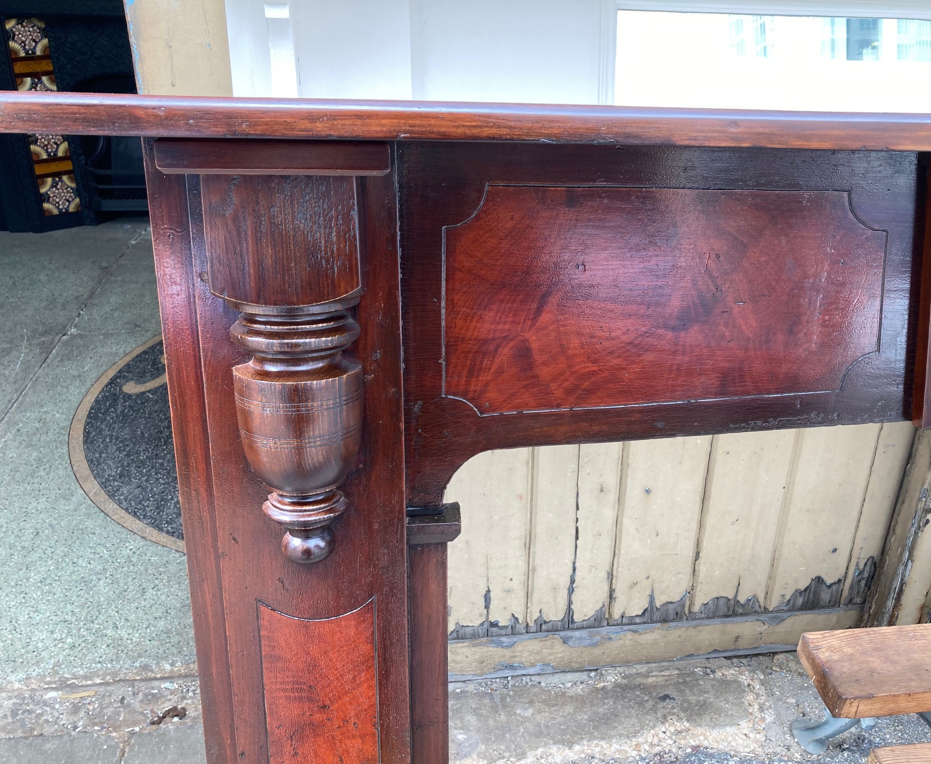 Detail of original c1900 polished mantel, two tone, split turnings, top ...