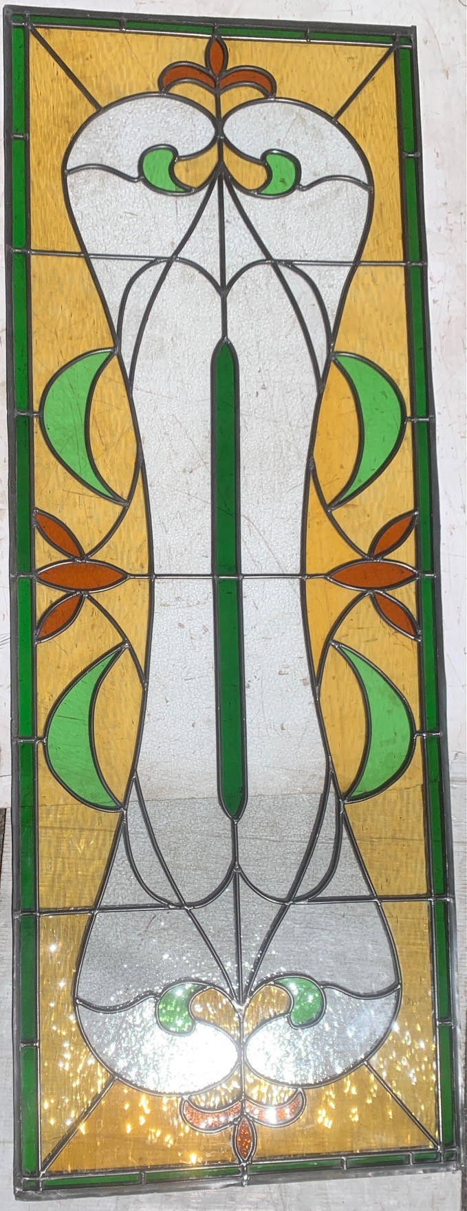 Extra large original leadlight panel, green, red and clear on yellow ...