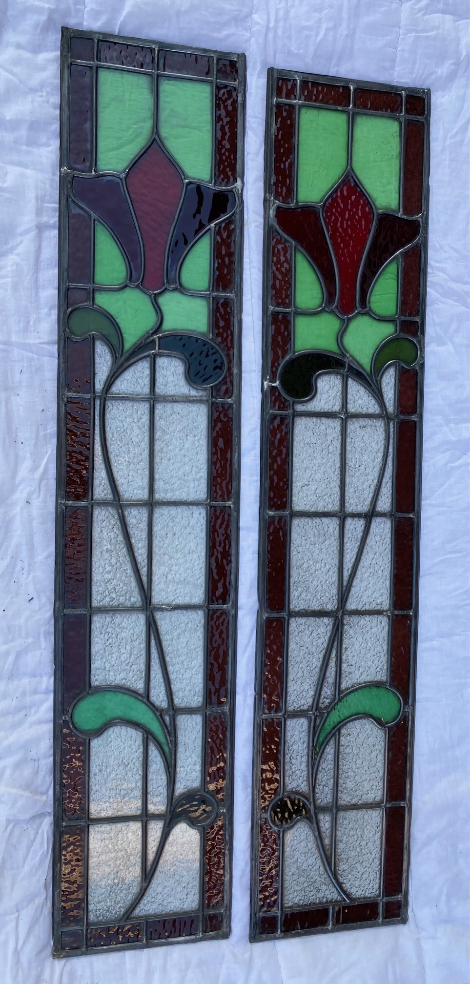 Art Nouveau original restored green, maroon and red leadlight panels ...
