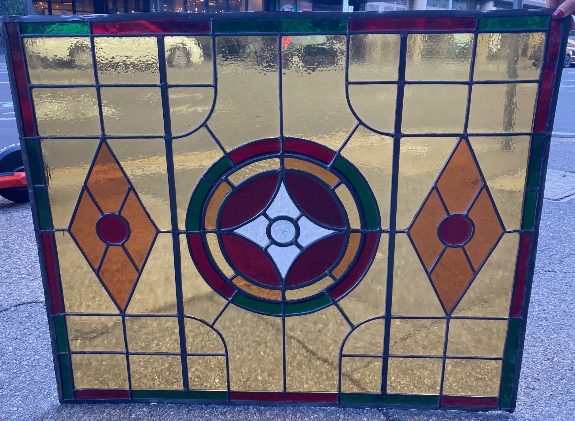 Large leadlight panel in yellow, orange, red and green, 865mm x 720mm ...