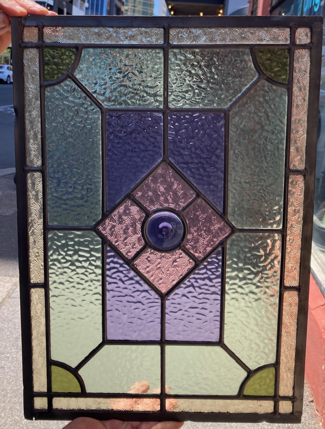 SOLD Leadlight panel in pink, purple, pale green, 523 x 370 (LL188 ...