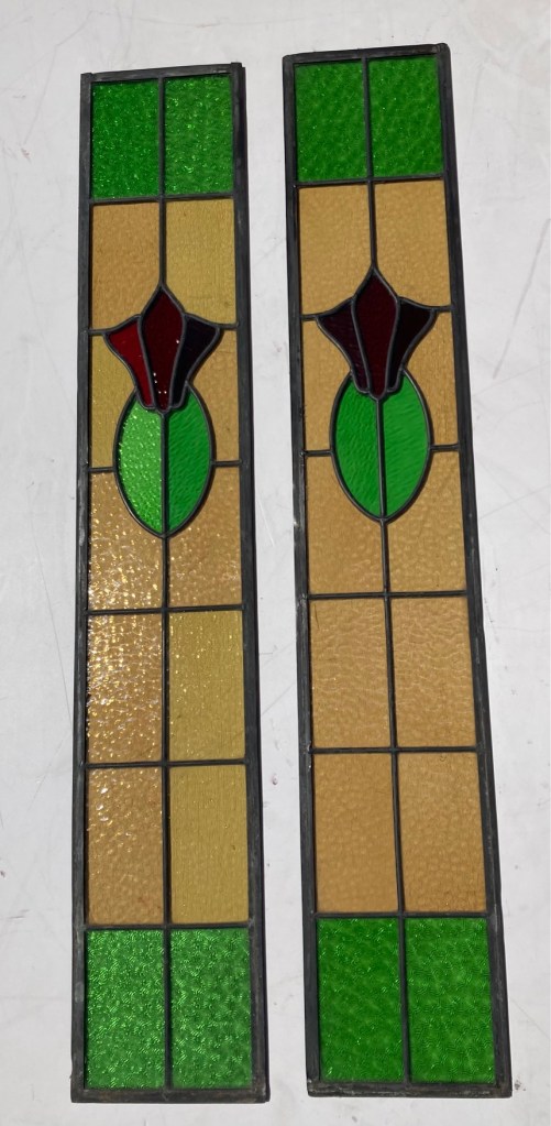 Original large leadlight sidelight panels in green and yellow with ...