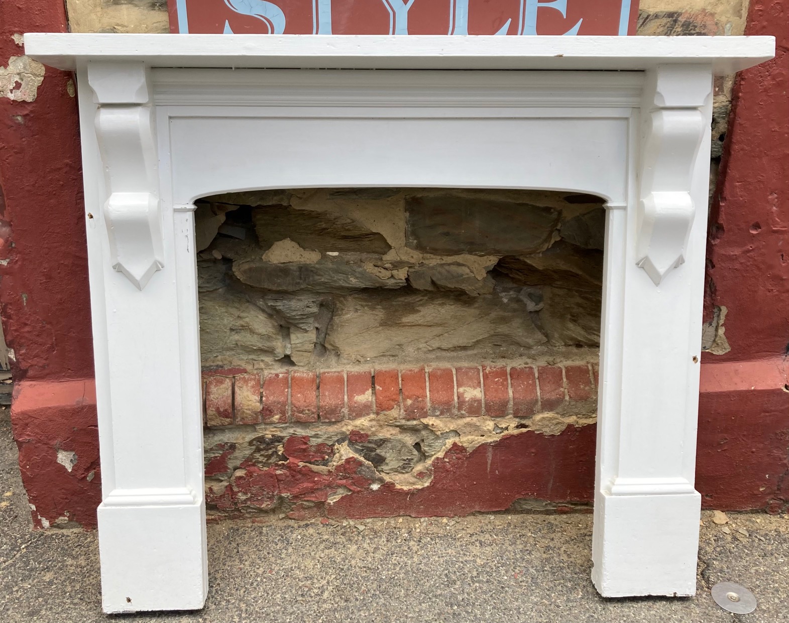 Timber mantelpiece with scrolls, painted white, top shelf 1440 W ...